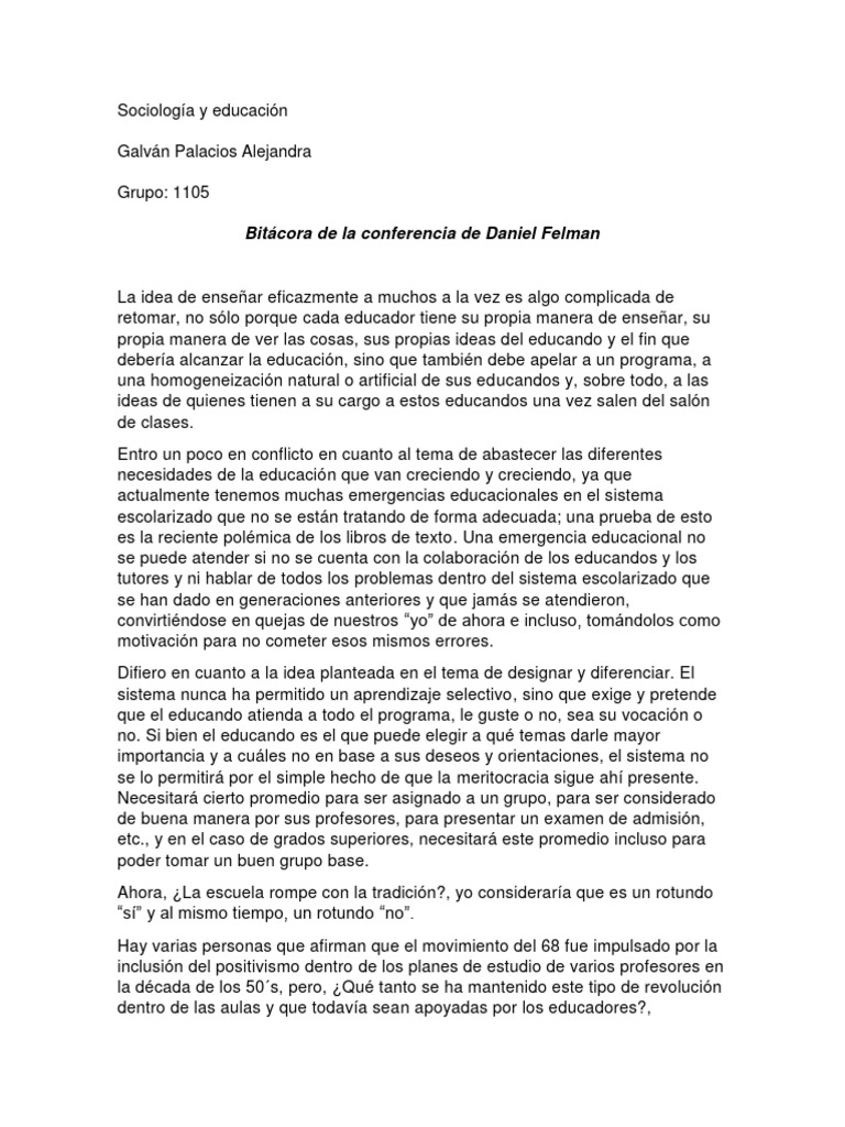 Bitácora de La Conferencia de Daniel Felman | PDF | Escuelas | Enseñando