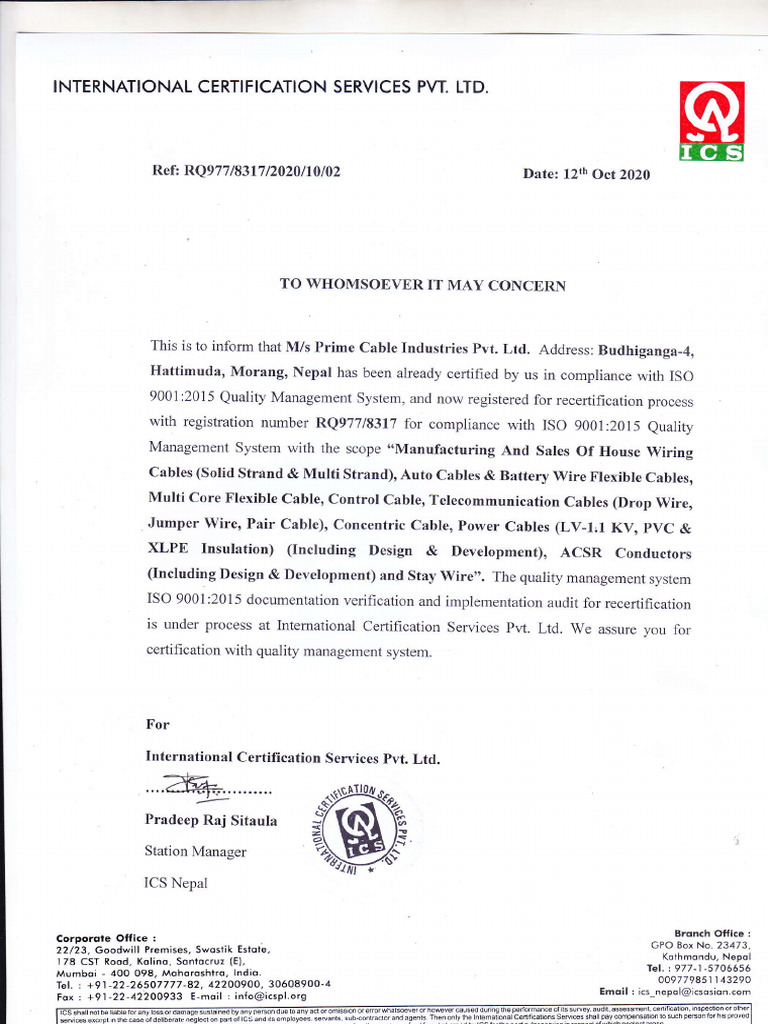 Iso Cert Letter 2077 | PDF | Wire | Manufactured Goods