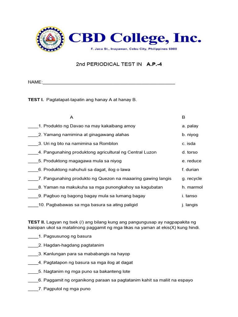 2nd PERIODICAL TEST IN A.P 4 | PDF