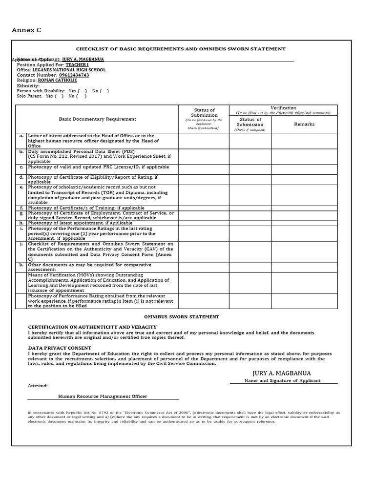 Annex C - Checklist of Requirements and Omnibus Sworn Statement | Download Free PDF | Authentication