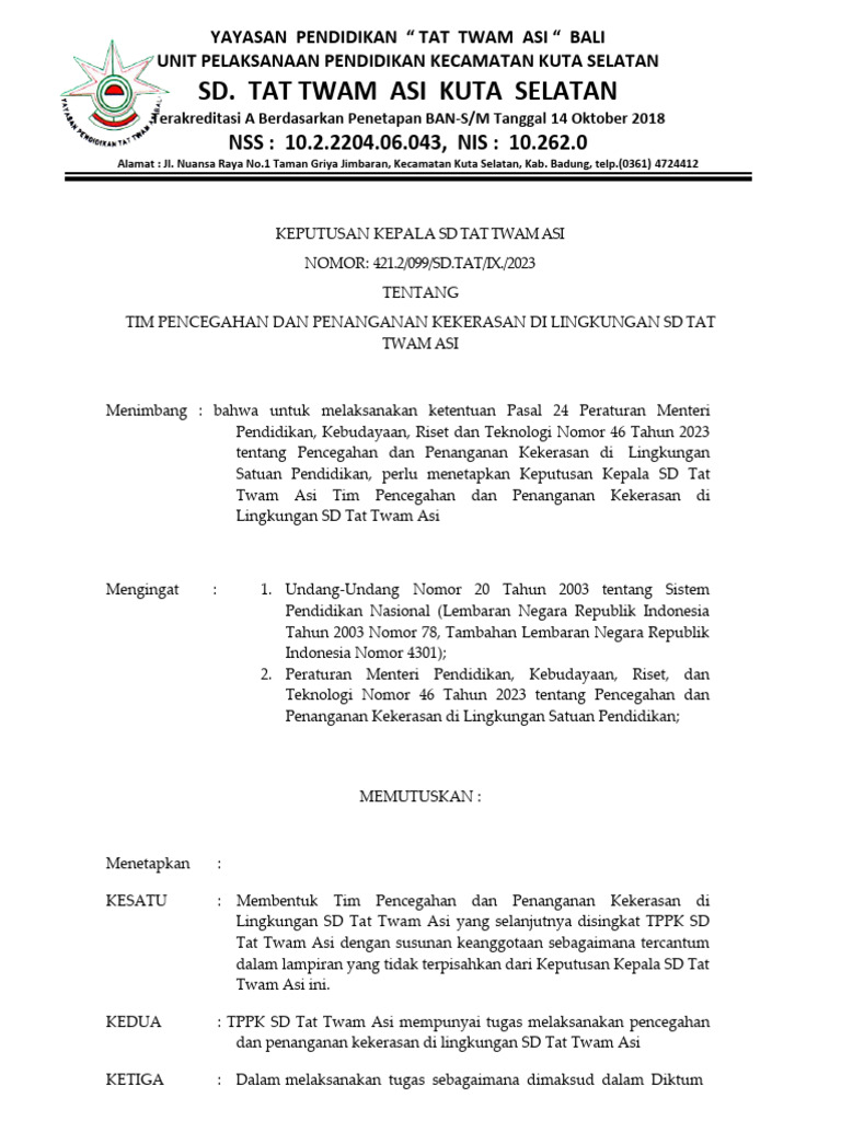 Lampiran 2 - Contoh SK Kepala Satuan Pendidikan Pembentukan TPPK | PDF