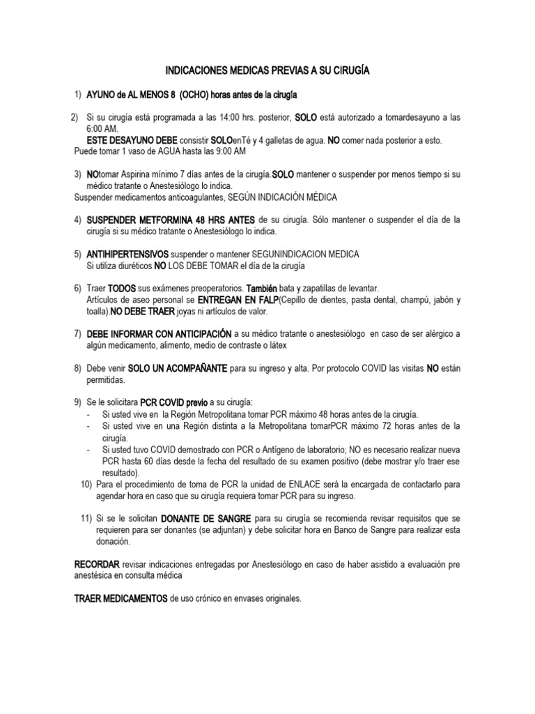 MQ 8 Hrs Ayuno - Indicaciones Previas A Su Cirugía | PDF