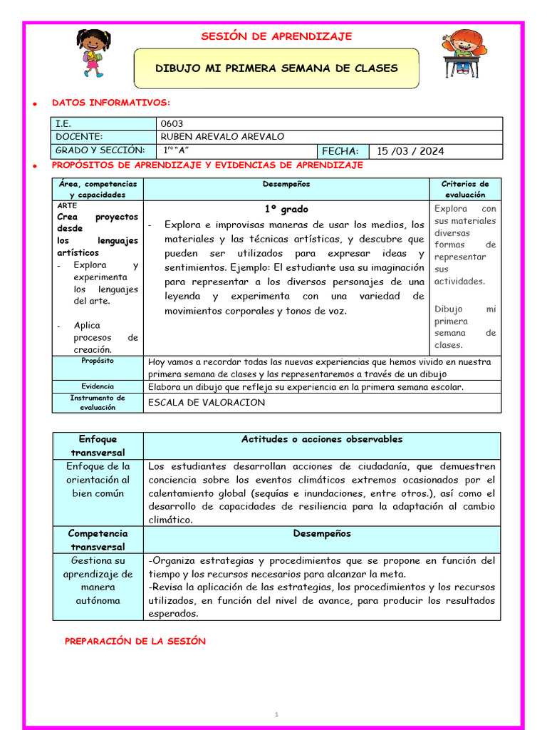 Dibujo de la Primera Semana Escolar | PDF | Aprendizaje | Evaluación