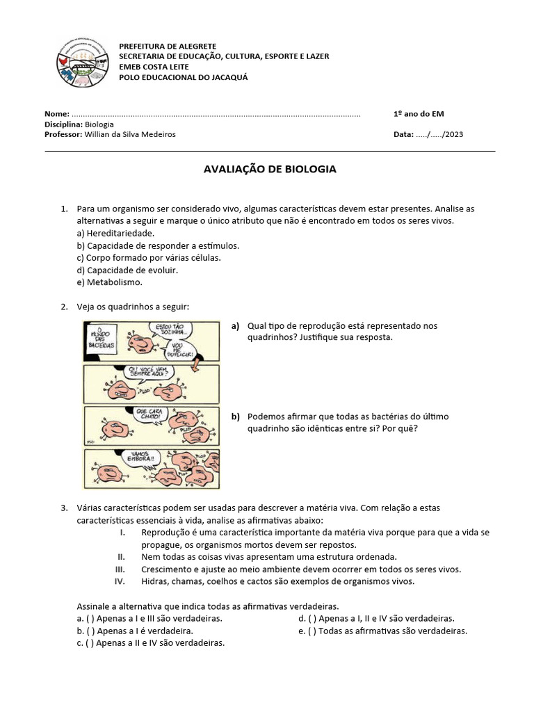 1o ano EM - Biologia Avaliação 01 - Introdução | PDF | Organismos | Vida 1o ano EM - Biologia Avaliação 01 - Introdução | PDF | Organismos | Vida