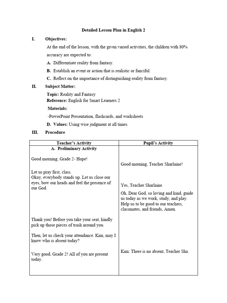 PDF - Detailed Lesson Plan in English 2 - Reality and Fantasy | PDF ...
