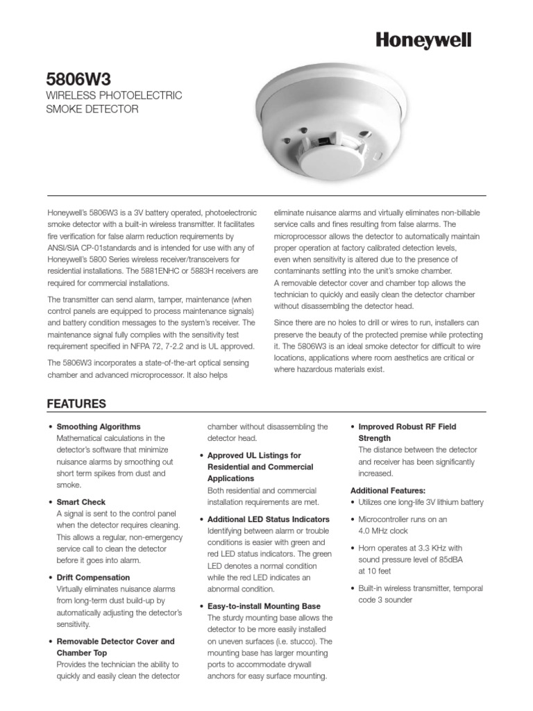 Honeywell 5806W3 Wireless Smoke Detector | PDF | Equipment | Electrical Engineering