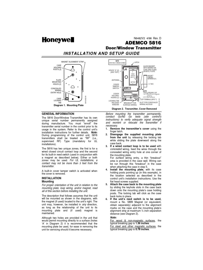 Installer's Guide: ADEMCO 5816 Setup | PDF | Transmitter | Switch