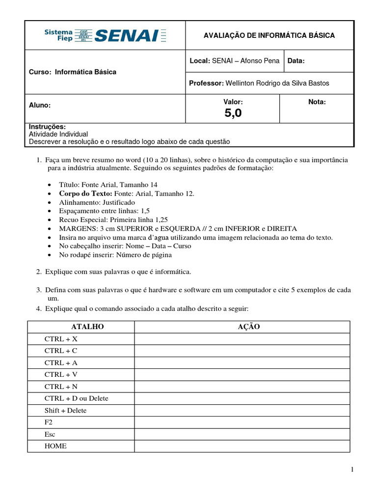 Avaliação Informática Básica | PDF | Informática | Ciência da Computação