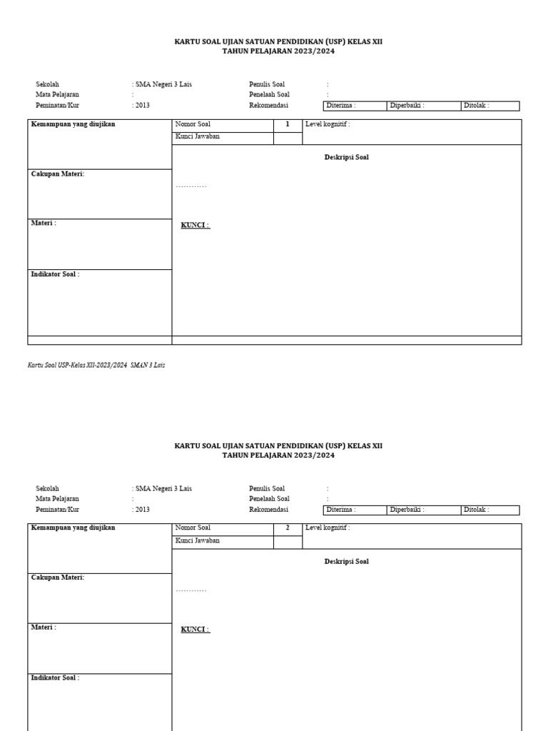 Format Kartu Soal Usp Kelas Xii 2023-2024 | PDF