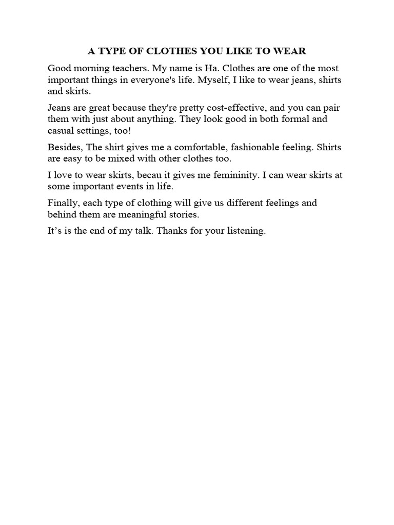 Favorite Clothing: Jeans, Shirts, Skirts | PDF | Language Arts ...