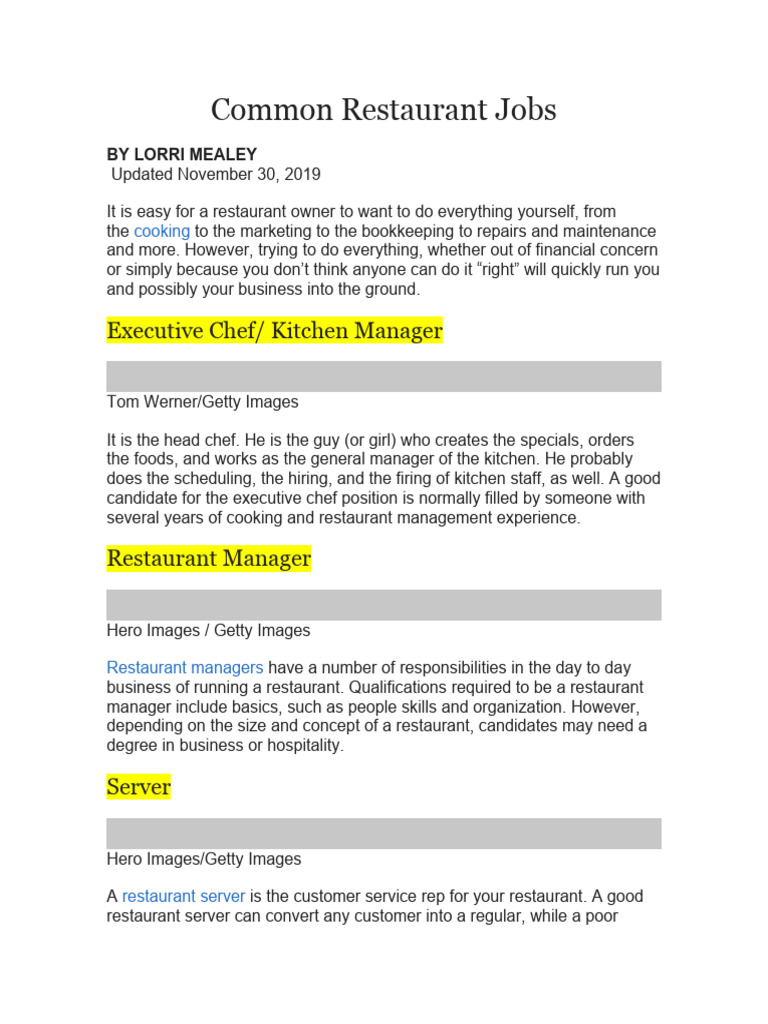 Common Restaurant Job Positions Explained | PDF | Waiting Staff ...