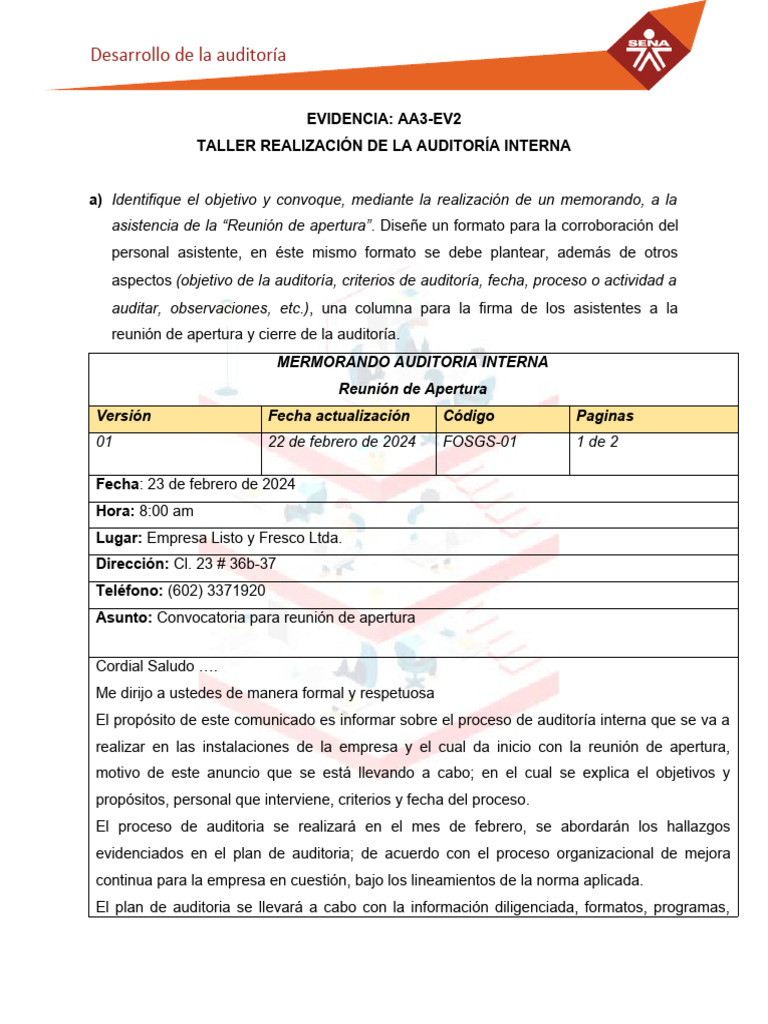 Formato Evidencia AA3 Ev2 Taller LinaCastillo | PDF | Auditoría | Sistema de manejo de calidad