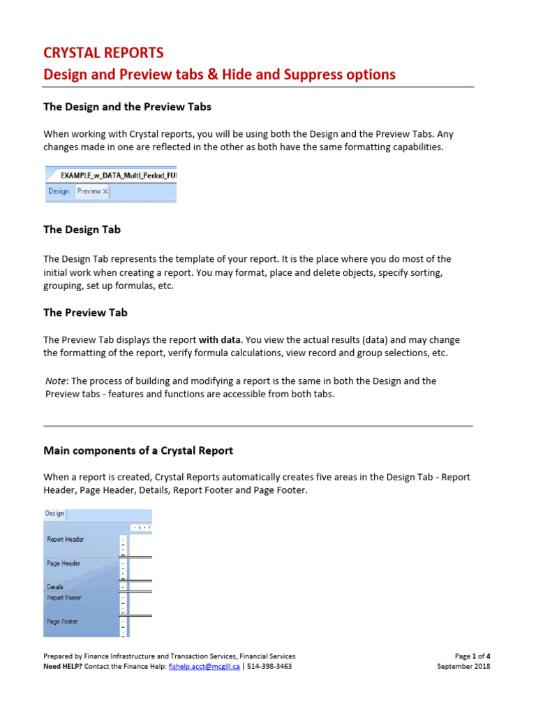 Crystal Reports Design and Preview Tabs Hide and Suppress Options 0 | PDF | Software | Software ...