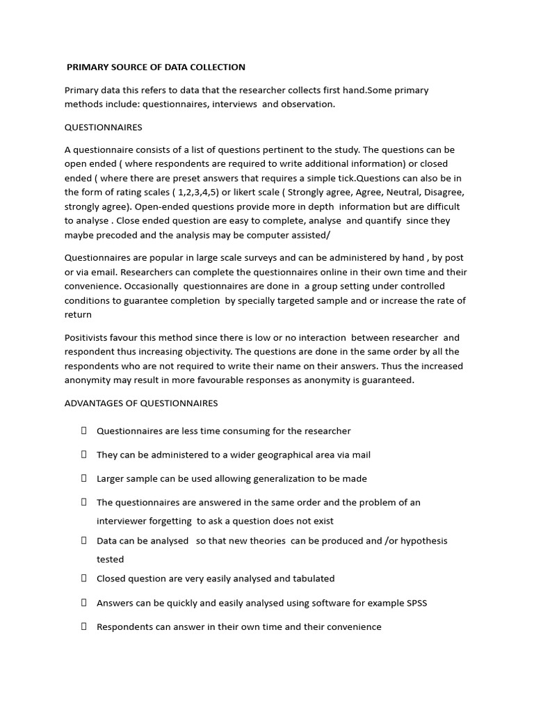 Primary Source of Data Collection Notes | PDF | Questionnaire ...