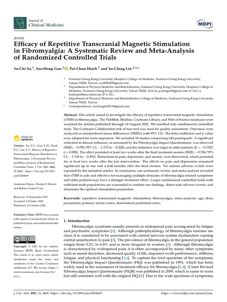 Efficacy of Repetitive Transcranial Magnetic Stimu | PDF | Fibromyalgia | Systematic Review