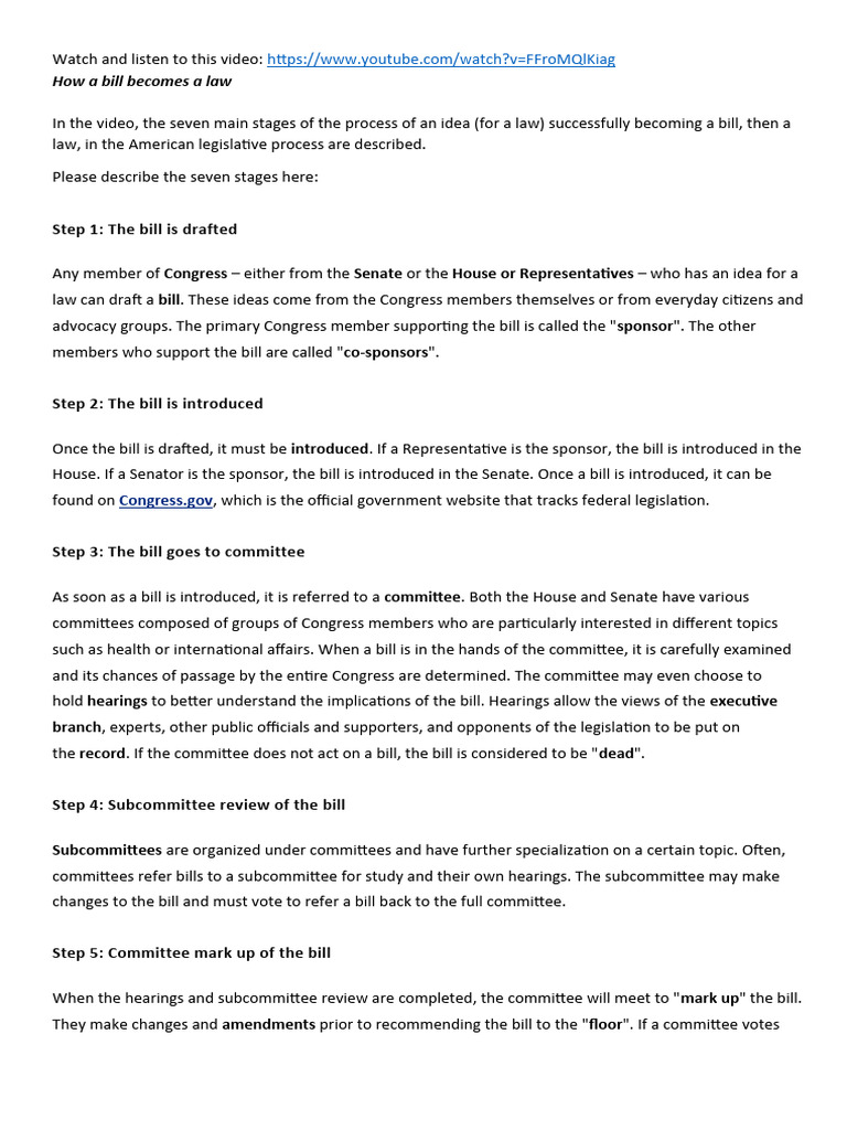How A Bill Becomes A Law Exercise | Download Free PDF | Bill (Law ...