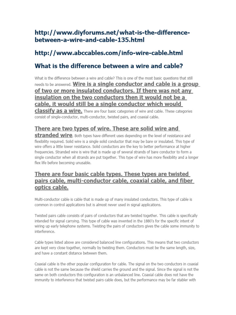 What Is The Difference Between A Wire and Cable | PDF | Wire | Coaxial ...