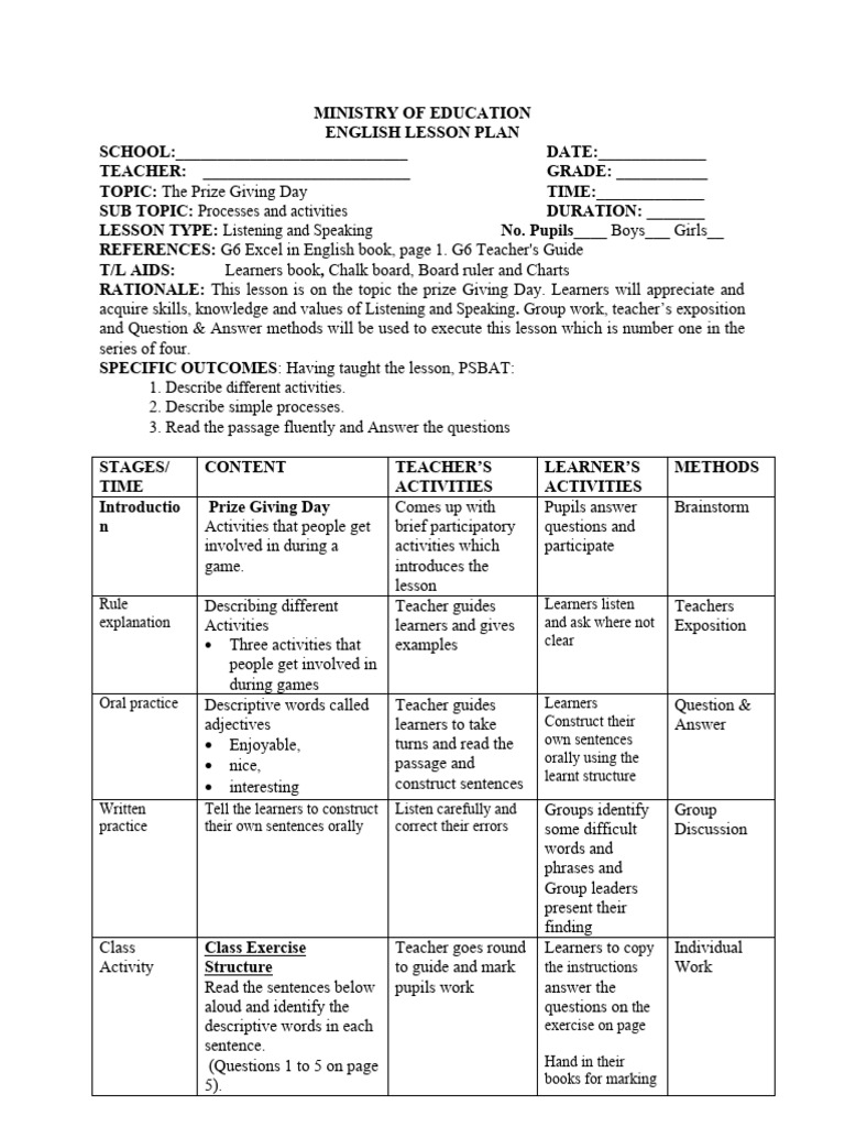 G6 ENG LESSON PLANS | PDF | Reading Comprehension | Lesson Plan