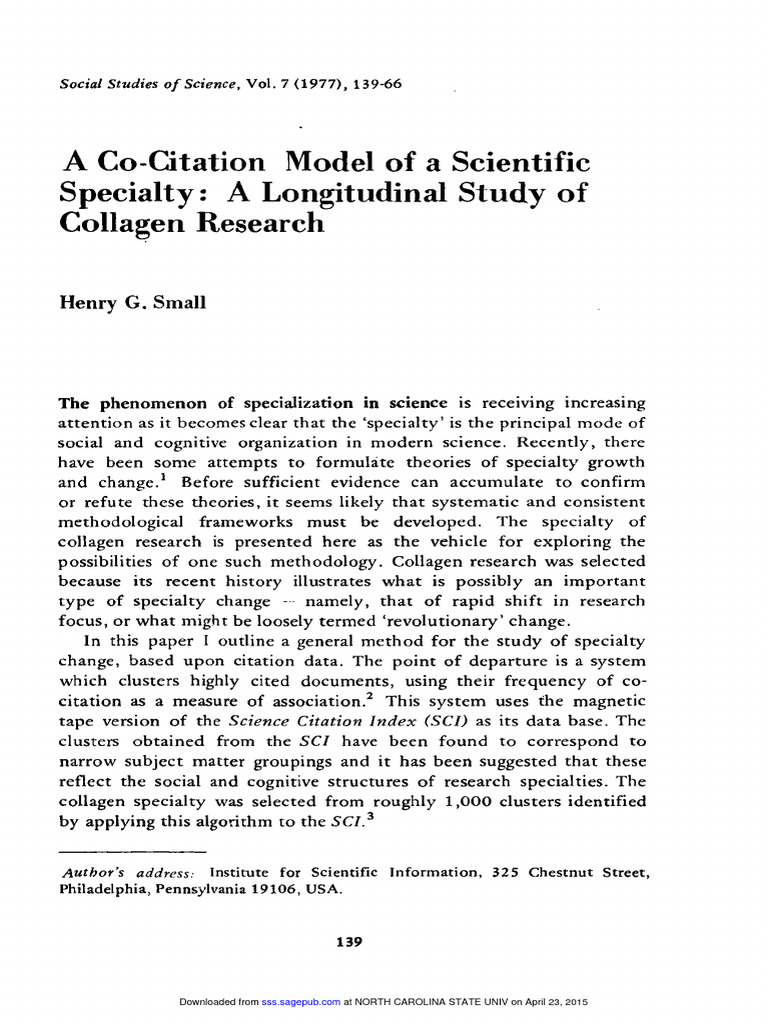 Small1977 A Co-Citation Model of A Scientific Specialty A Longitudinal Study of Collagen ...