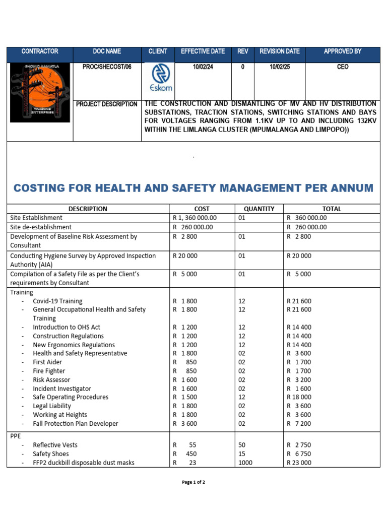 Health & Safety Cost Breakdown for Substations | PDF | Occupational ...