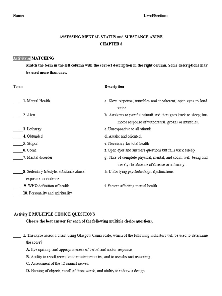 Mental Status & Substance Abuse Assessment | PDF | Central Nervous ...
