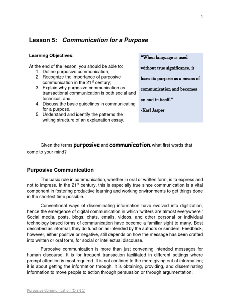 Lesson 5 Communication For A Purpose | PDF | Communication | Information