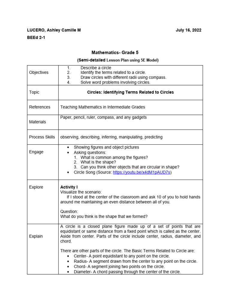 LUCERO - BEED2 1 - 5E Model Lesson Plan in Mathematics Technology For Teaching and Learning ...