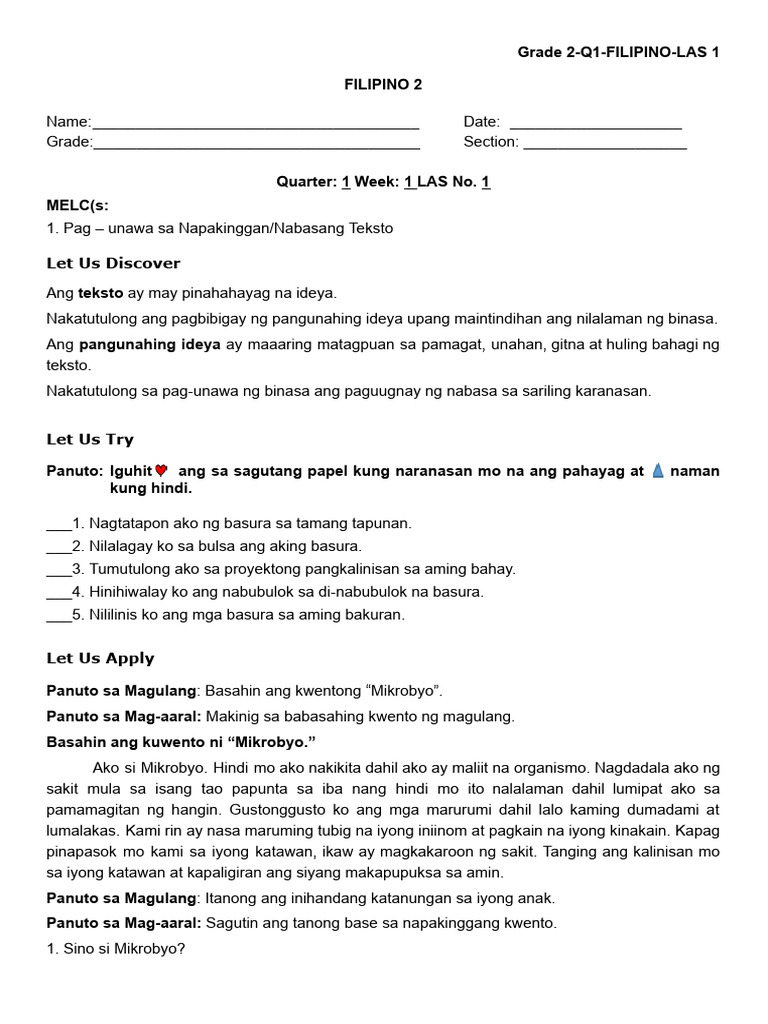 Grade 2-Q1-FILIPINO-LAS 1 | PDF
