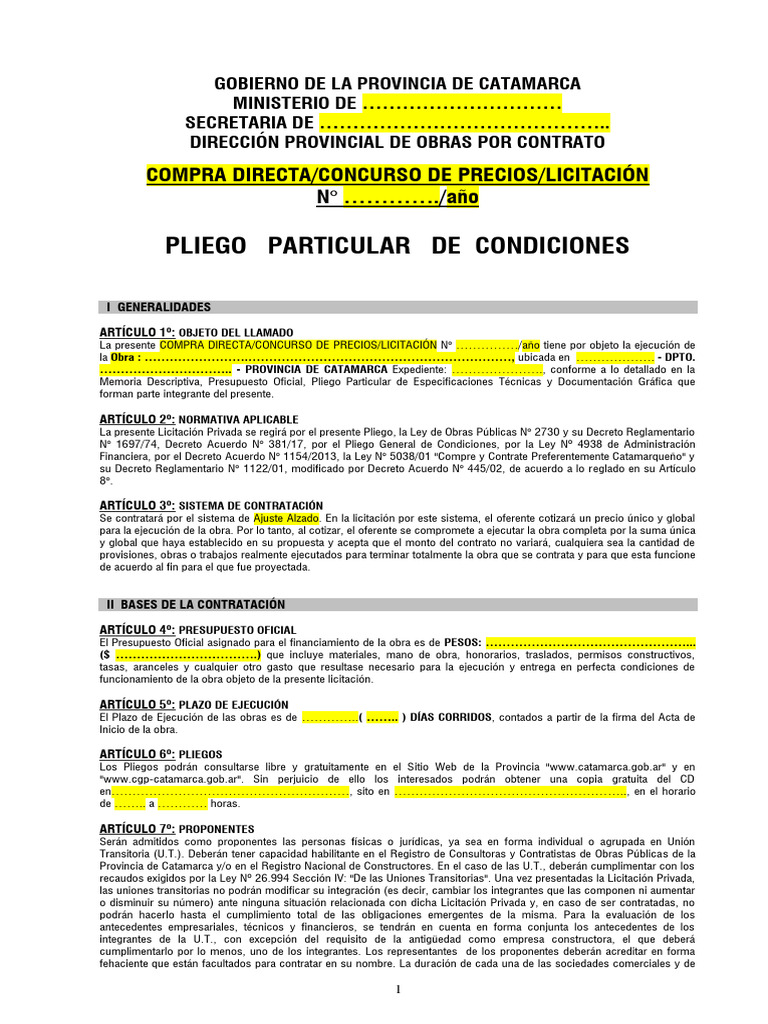 Pliego Particular de Condiciones: Compra Directa/Concurso de Precios/Licitación # ./año | PDF ...