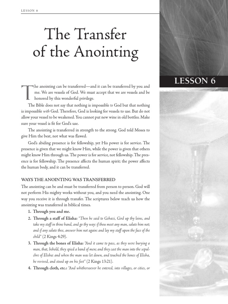Lesson 6 - The Transfer of The Anoiting | PDF | Anointing | Religious Texts