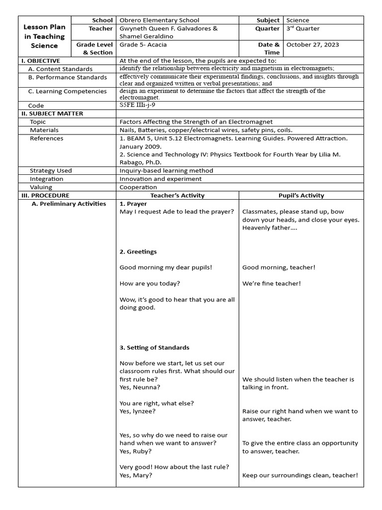 4a's DETAILED LESSON PLAN IN SCIENCE 5, 3RD QUARTER | PDF ...