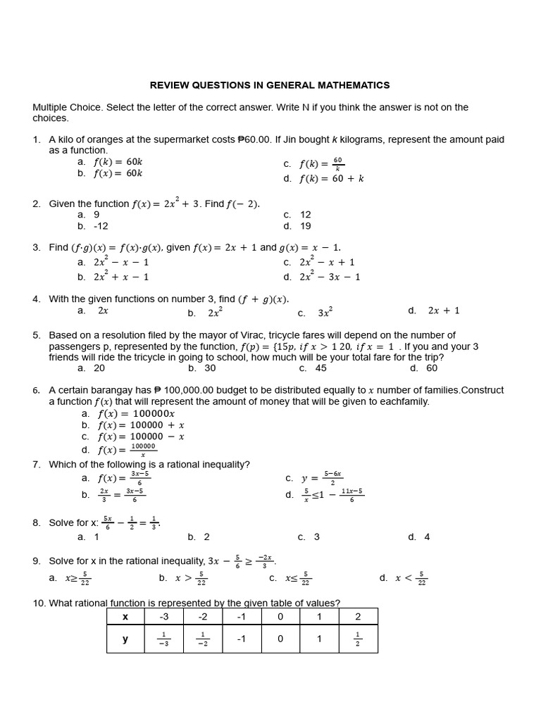 General Mathematics Review Questions 1 | PDF | Inequality (Mathematics ...