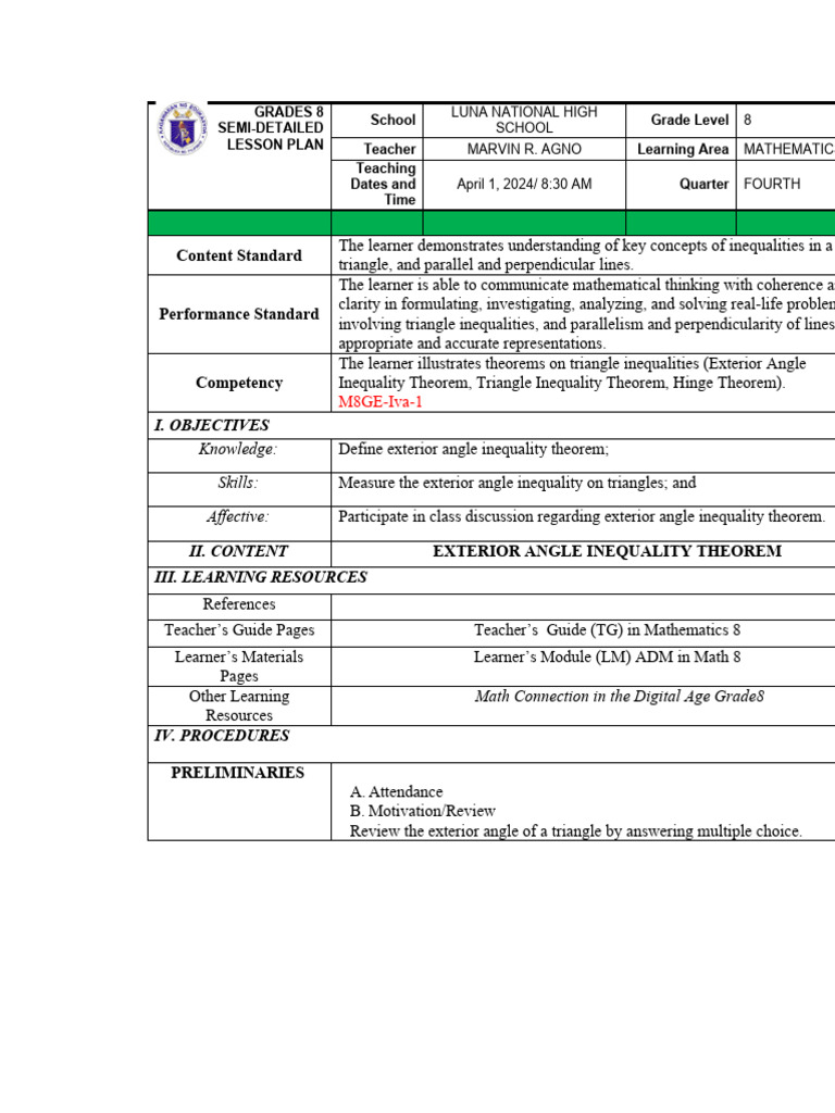 8th Grade Math Lesson Plan: Triangle Inequalities | PDF | Learning ...