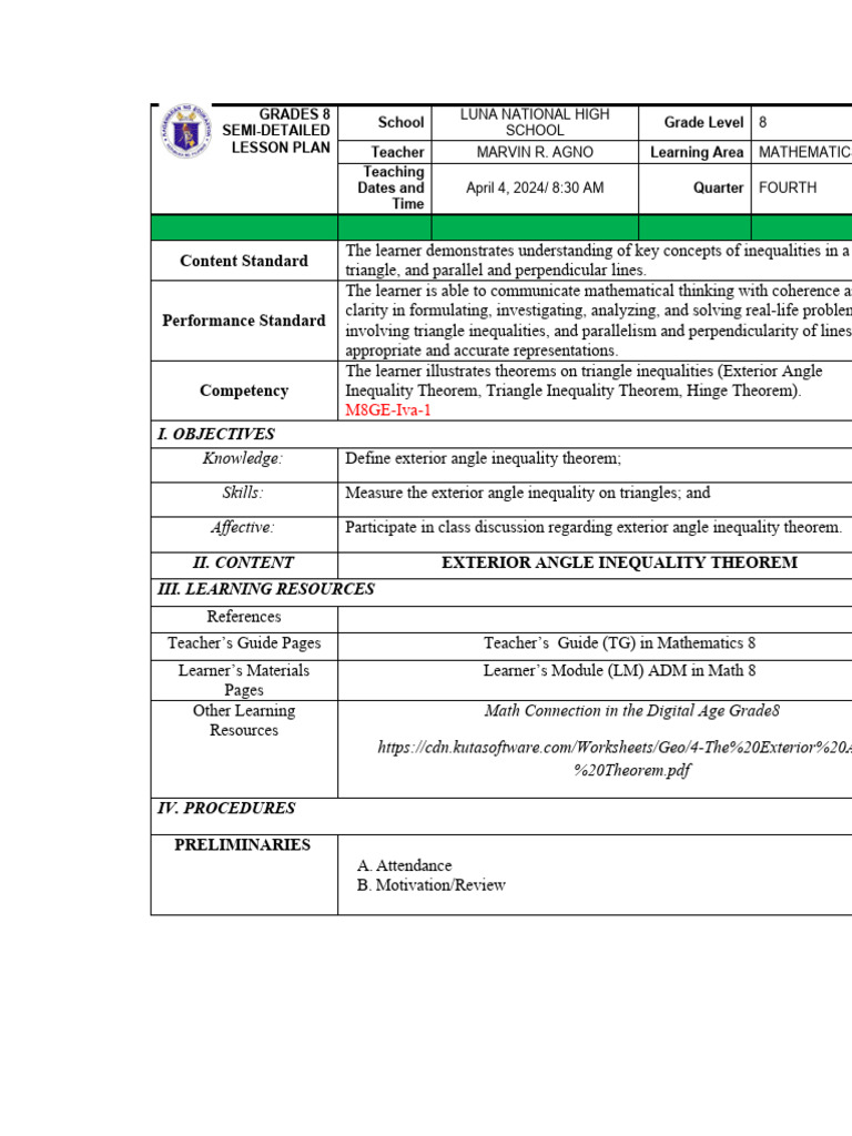 Lesson Plan - Math8 - Q4 - W1D4 | PDF | Mathematics | Learning