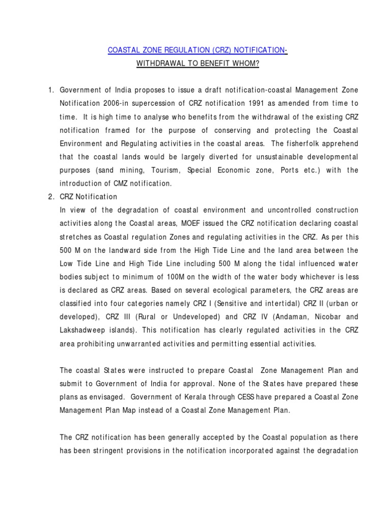 Withdrawal To Benefit Whom?: Coastal Zone Regulation (CRZ) Notification | PDF | Territorial ...
