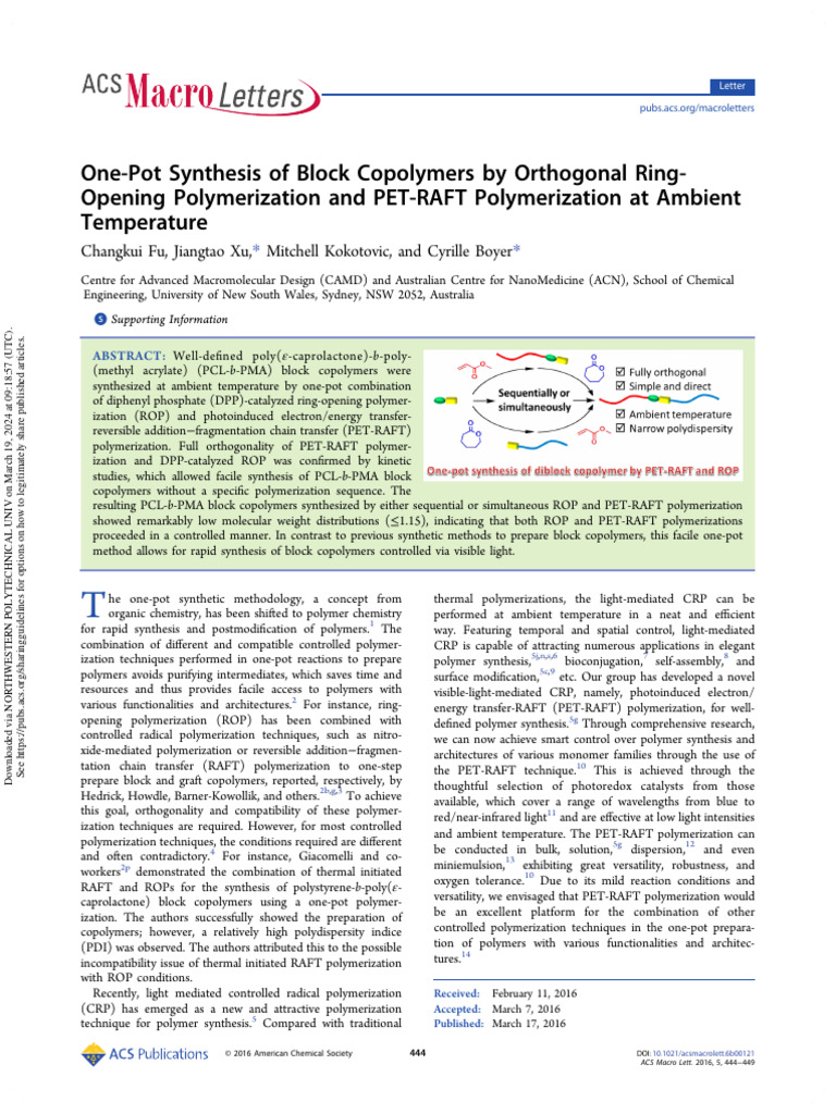 Fu Et Al 2016 One Pot Synthesis of Block Copolymers by Orthogonal Ring Opening Polymerization ...