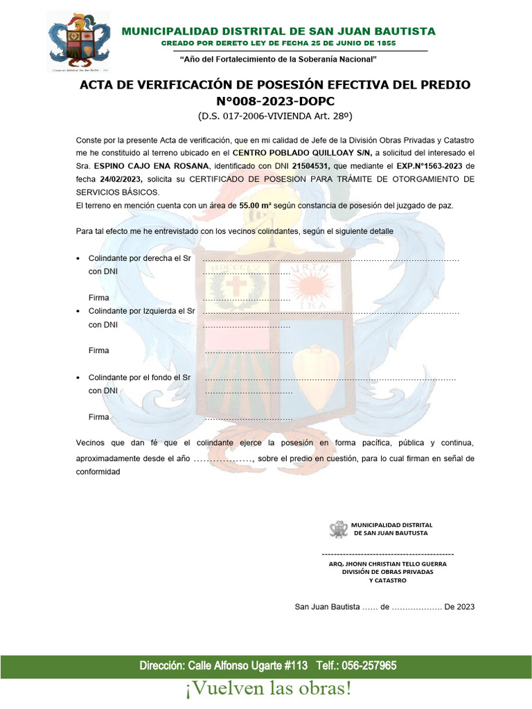 Acta de Verificación 008-2023-Dopc - Espino Cajo Ena Rosana | PDF | Documento de identidad ...