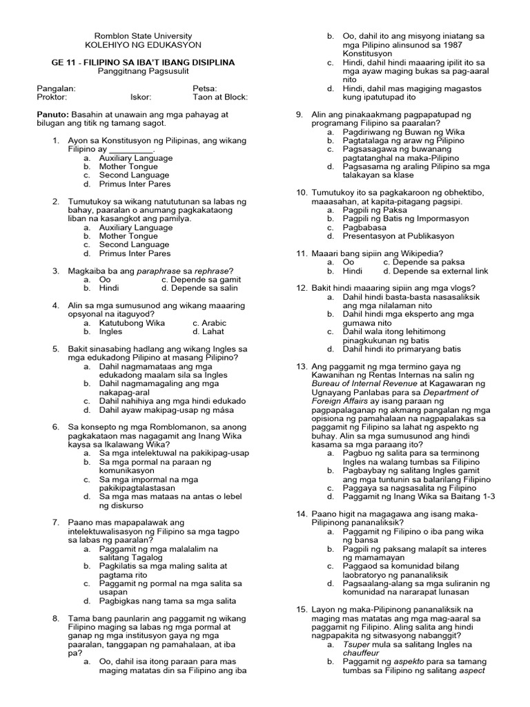 FILDIS Midterm Exam AY 2023 2024 Key | PDF