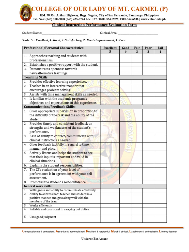 Clinical Instruction Evaluation Form | PDF | Teachers | Evaluation
