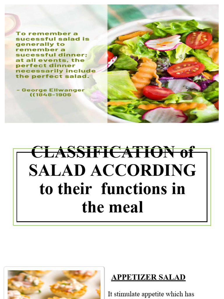 CLASSIFICATION of SALAD ACCORDING To Function To MEAL | PDF | Salad ...
