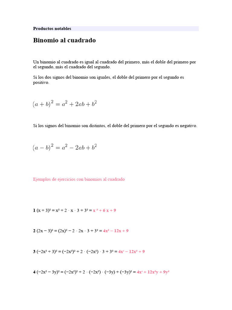 Ejercicios y fórmulas de productos notables | PDF | Factorización ...