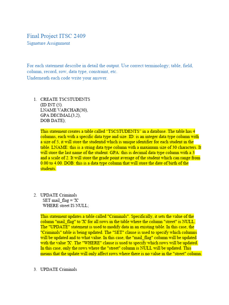 Itsc 2409 - Signature Assignment Spring 2023 1 | PDF | Table (Database) | Data Management Software