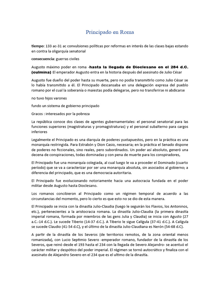 Evolución del Principado Romano | PDF | Augusto | imperio Romano
