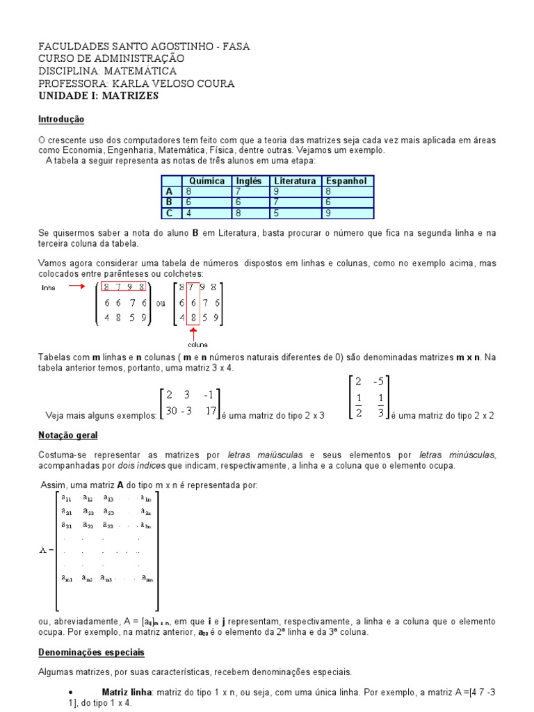 Apostila Matrizes - Primeiro Periodo | PDF | Matriz (Matemática ...