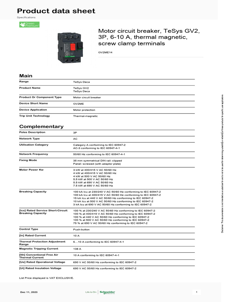 Schneider Electric GV2ME14 | PDF | Alternating Current | Electric Motor