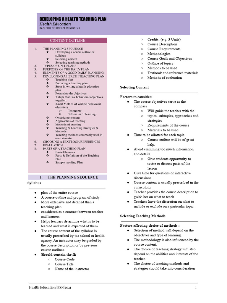 Health Teaching Plan Development Guide | PDF | Learning | Teaching Method
