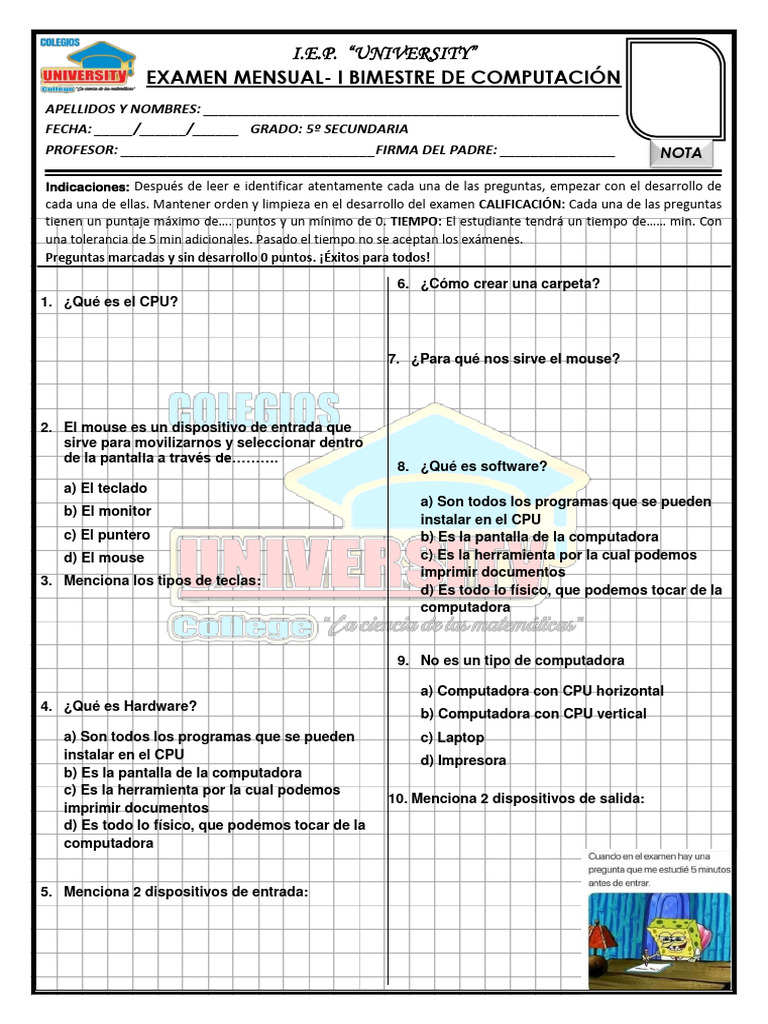 Examen de Computacion - 5to Secundaria | PDF | Hardware de la computadora | Periférico