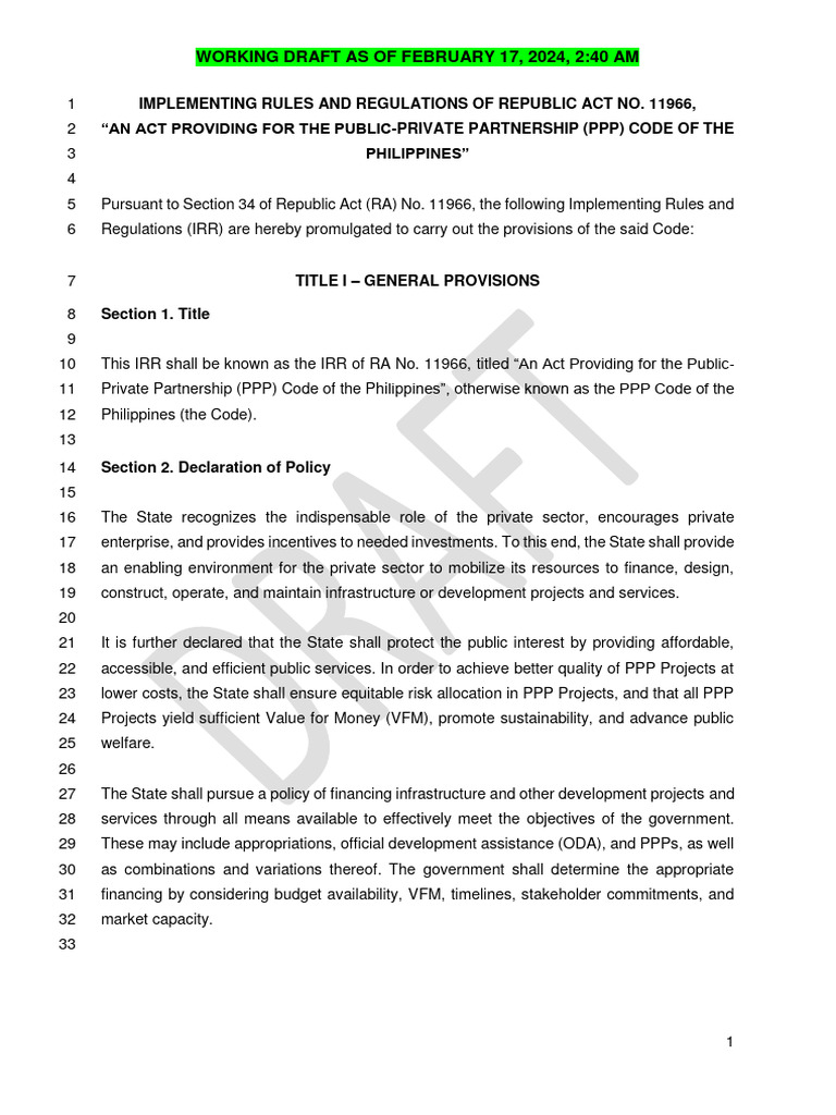 PPP Code Philippines IRR Draft | PDF | Public–Private Partnership ...