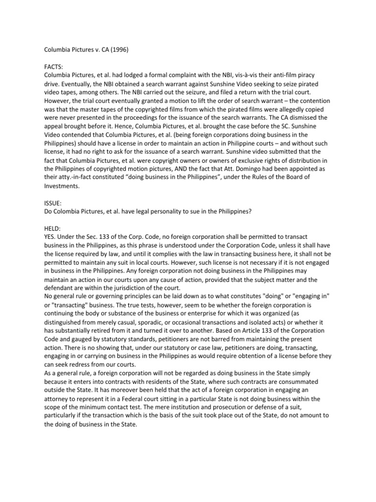Columbia Pictures v. CA | PDF | Copyright Infringement | Lawsuit