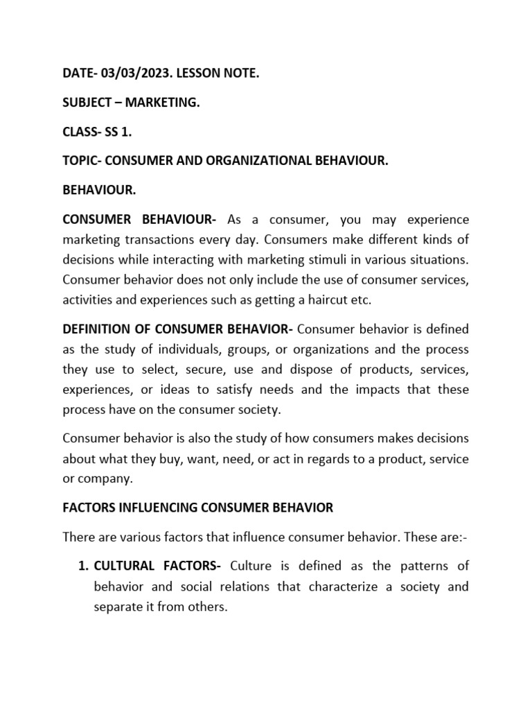 Lesson Note 11 | PDF | Behavior | Consumer Behaviour
